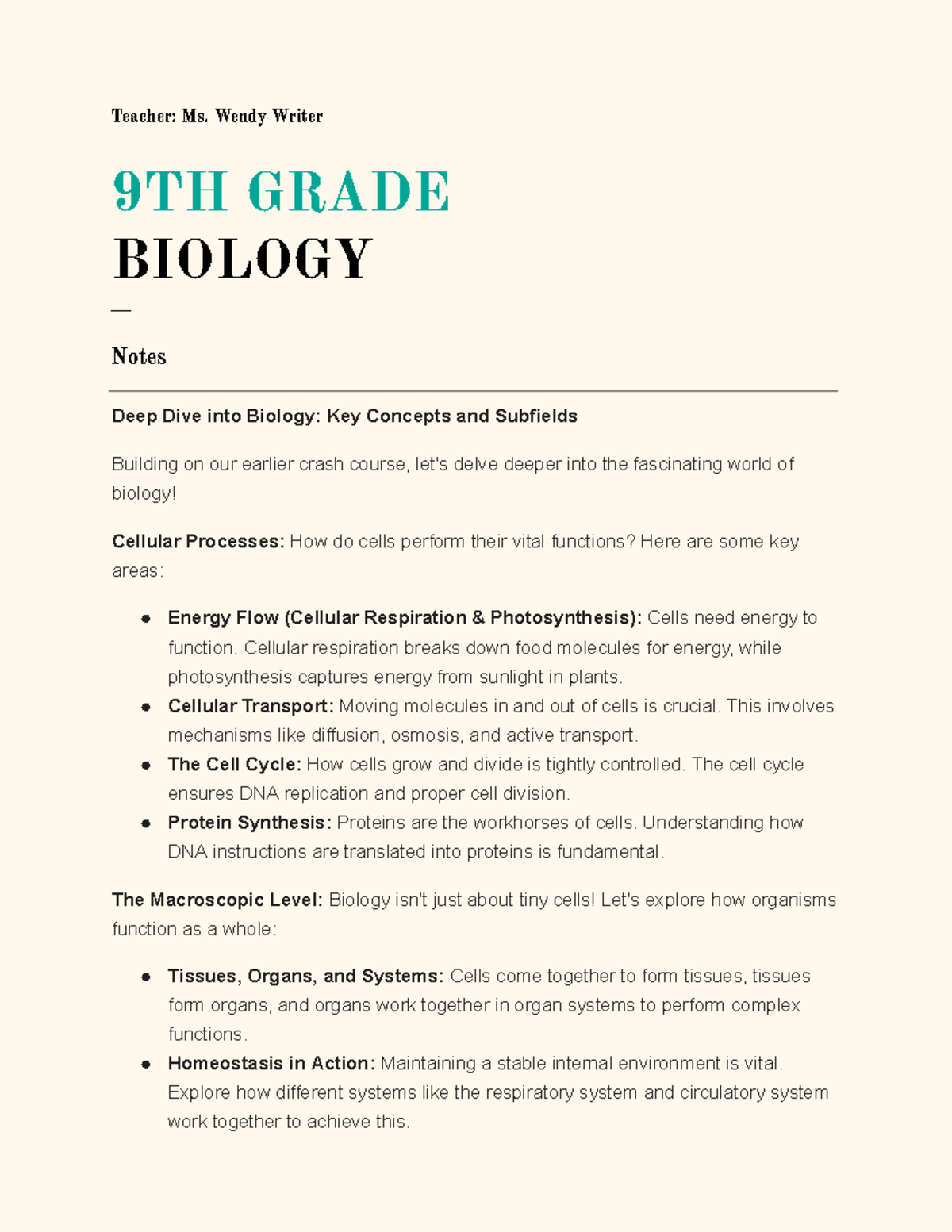 Class notes - A note all about biology - Teacher: Ms. Wendy Writer 9TH ...