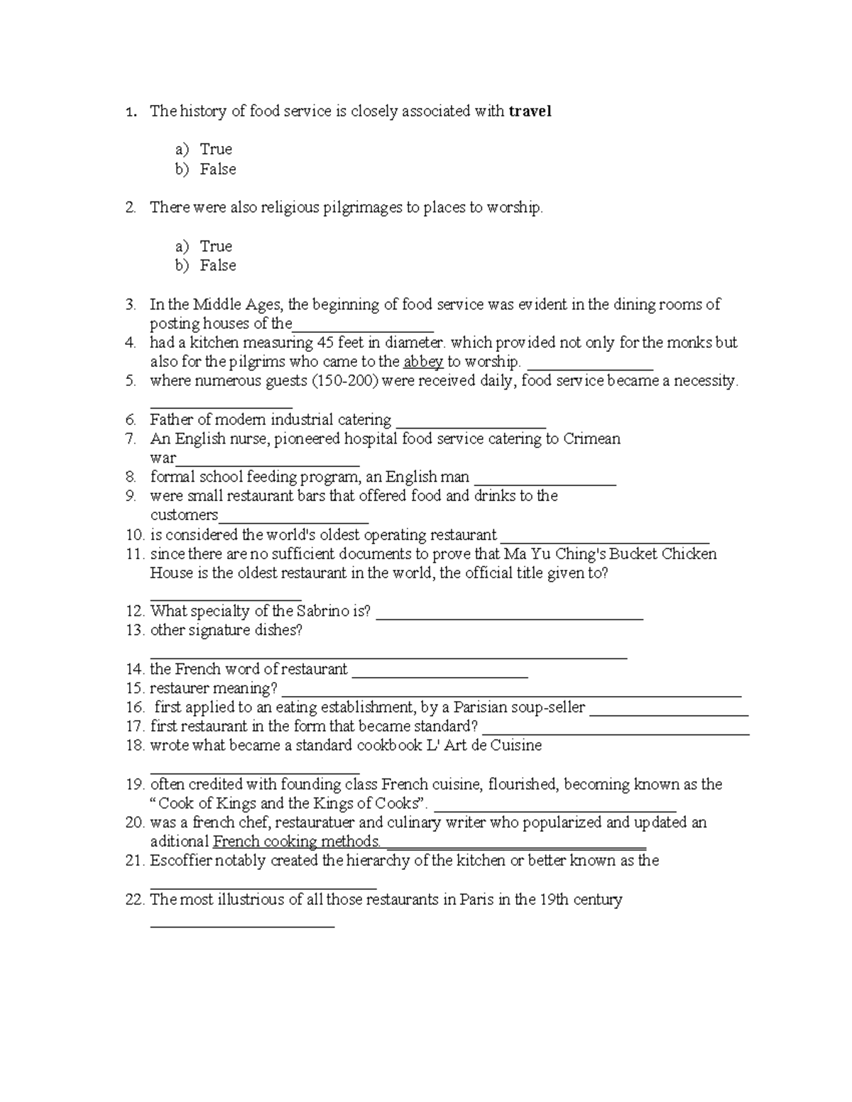 Reviewer IN FOOD Services Operations - 1. The history of food service ...