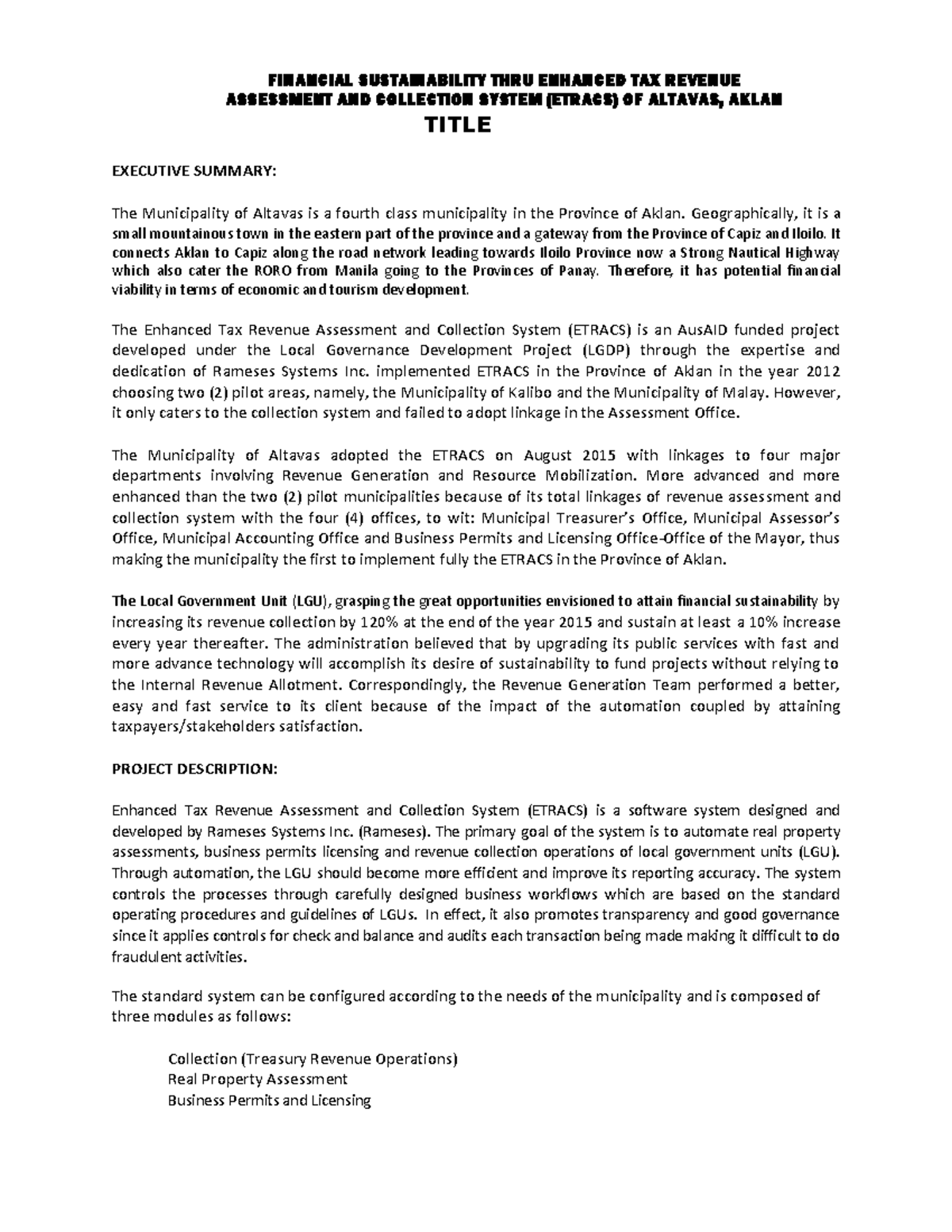 Aklan Altavas Best Practice Etracs 1 - FINANCIAL SUSTAINABILITY THRU ENHANCED TAX REVENUE ...