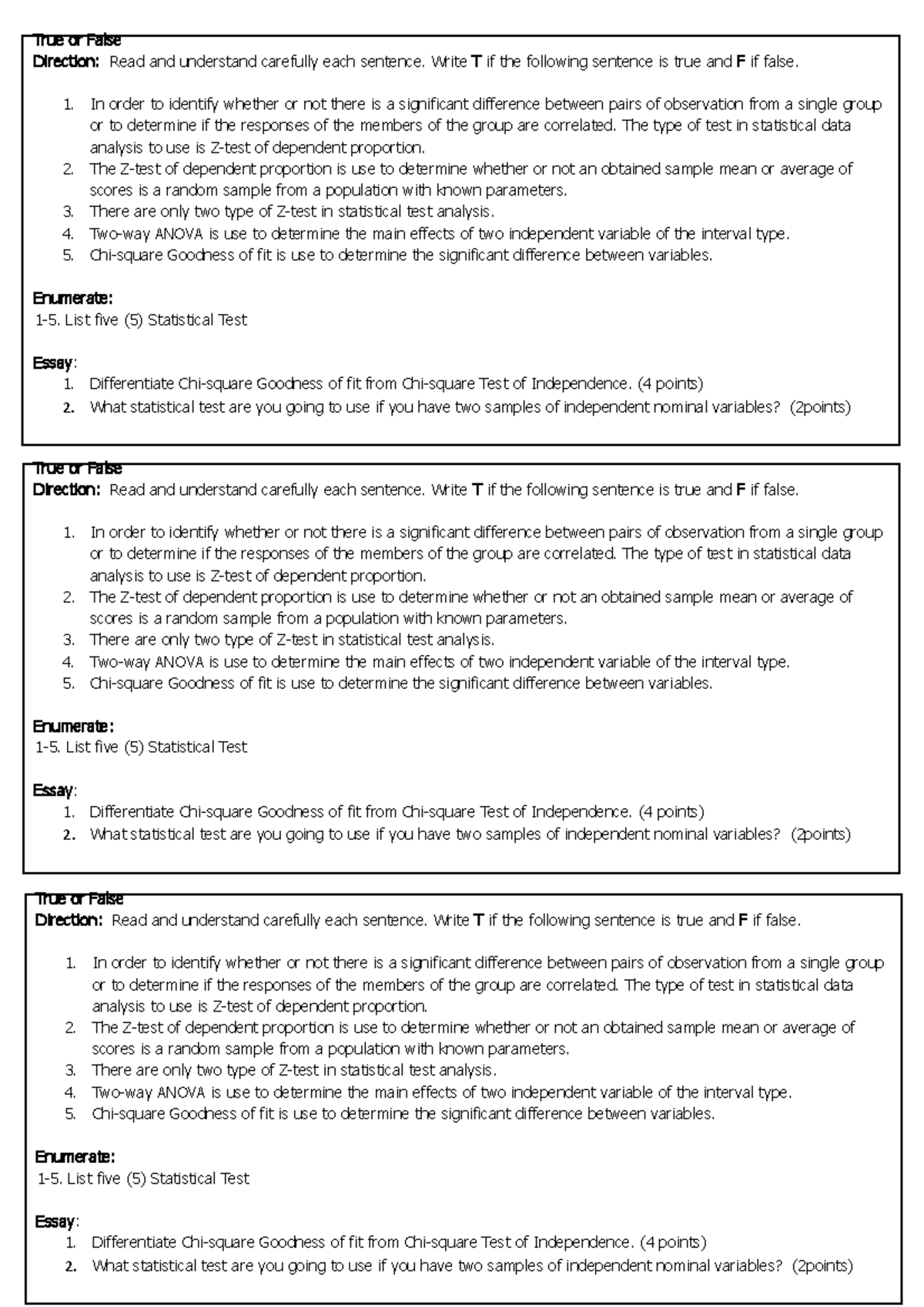 Quizzes - Short quiz - True or False Direction: Read and understand ...
