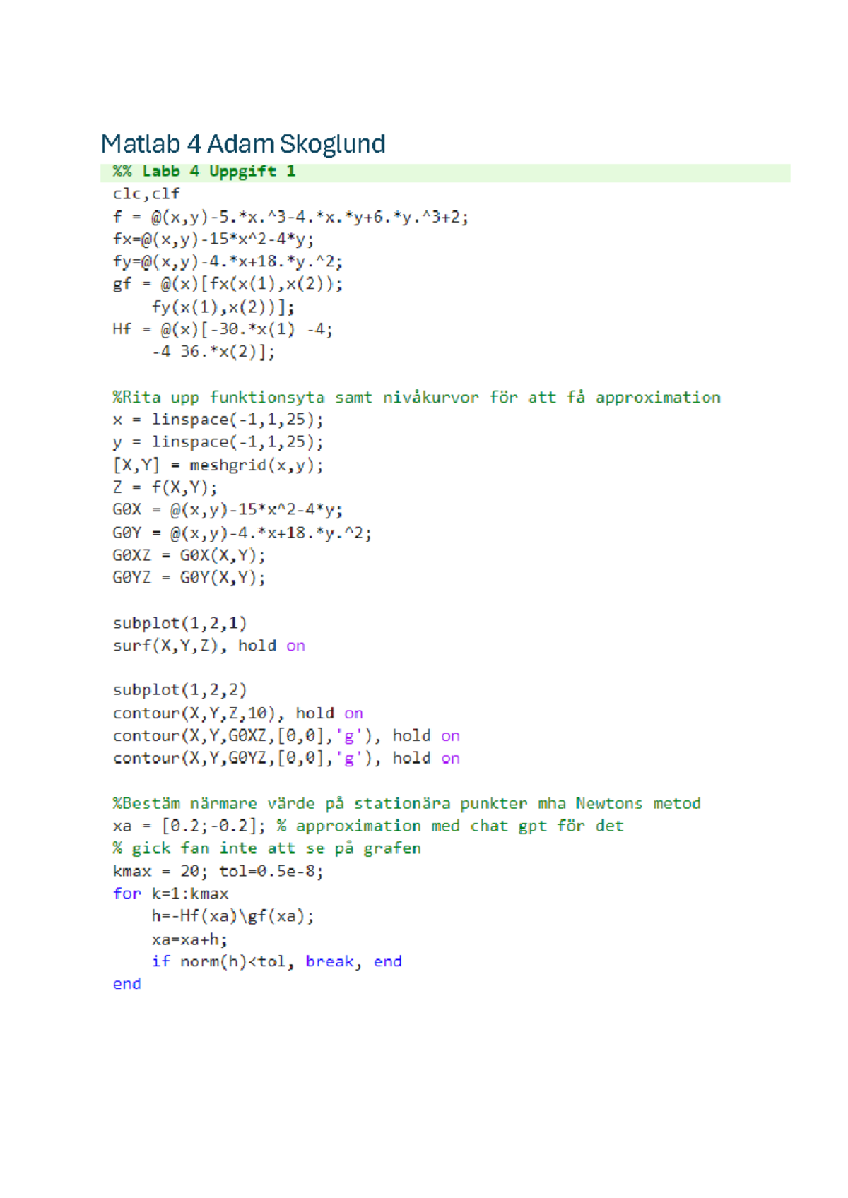 Matlab 4 Optimering - Matlab 4 Adam Skoglund %% Labb 4 Uppgift 1 clc,c f = - Studocu