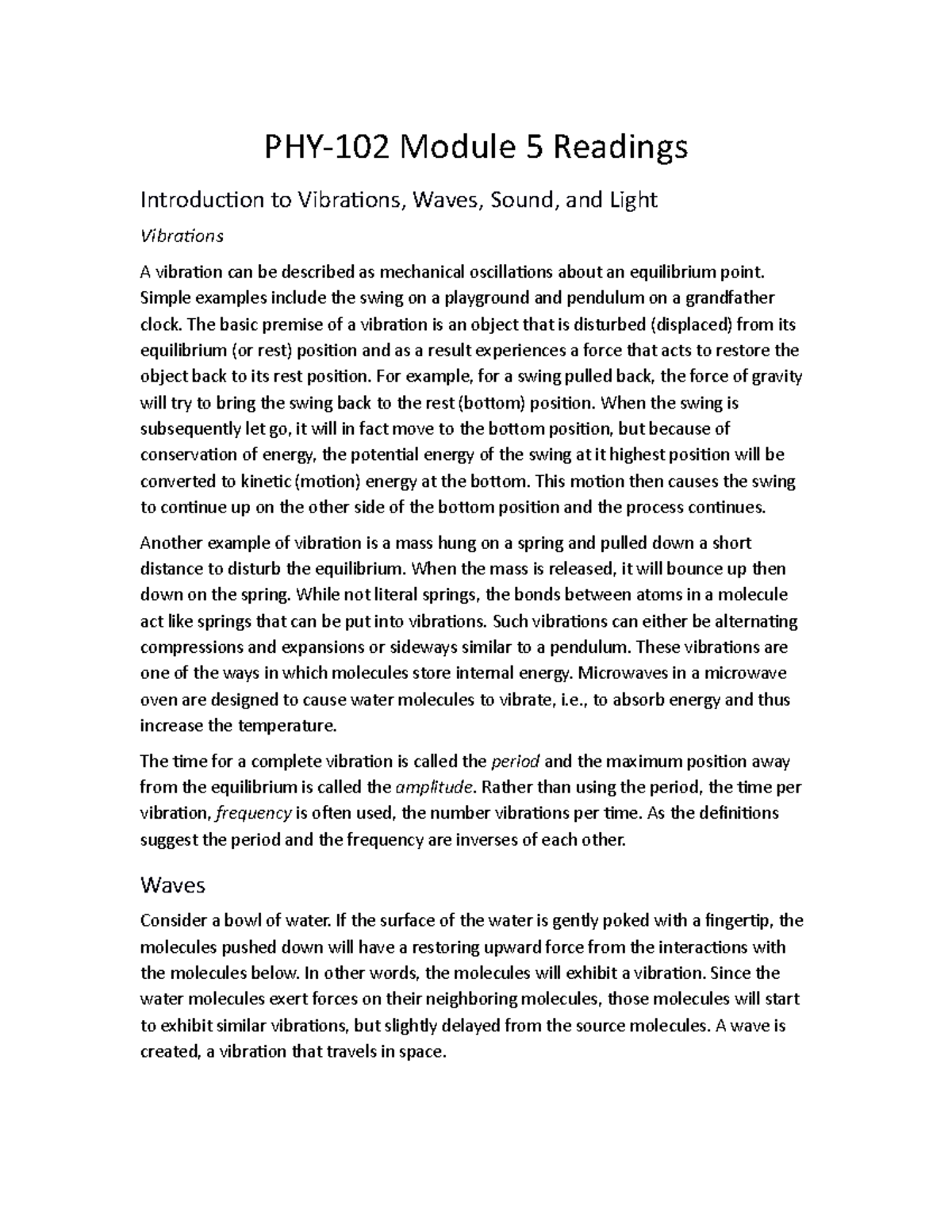 PHY 102 RS Lecture 5 - PHY-102 Module 5 Readings Introduction to Vibrations, Waves, Sound, and ...