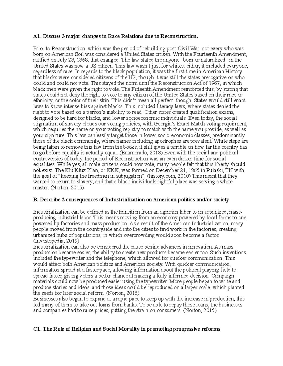 History Task 3 - Grade: A+ - A1. Discuss 3 major changes in Race ...