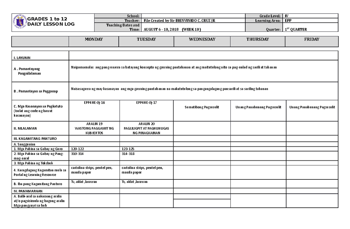 DLL EPP-4 Q1 W10 - EPP - GRADES 1 to 12 DAILY LESSON LOG School: Grade ...