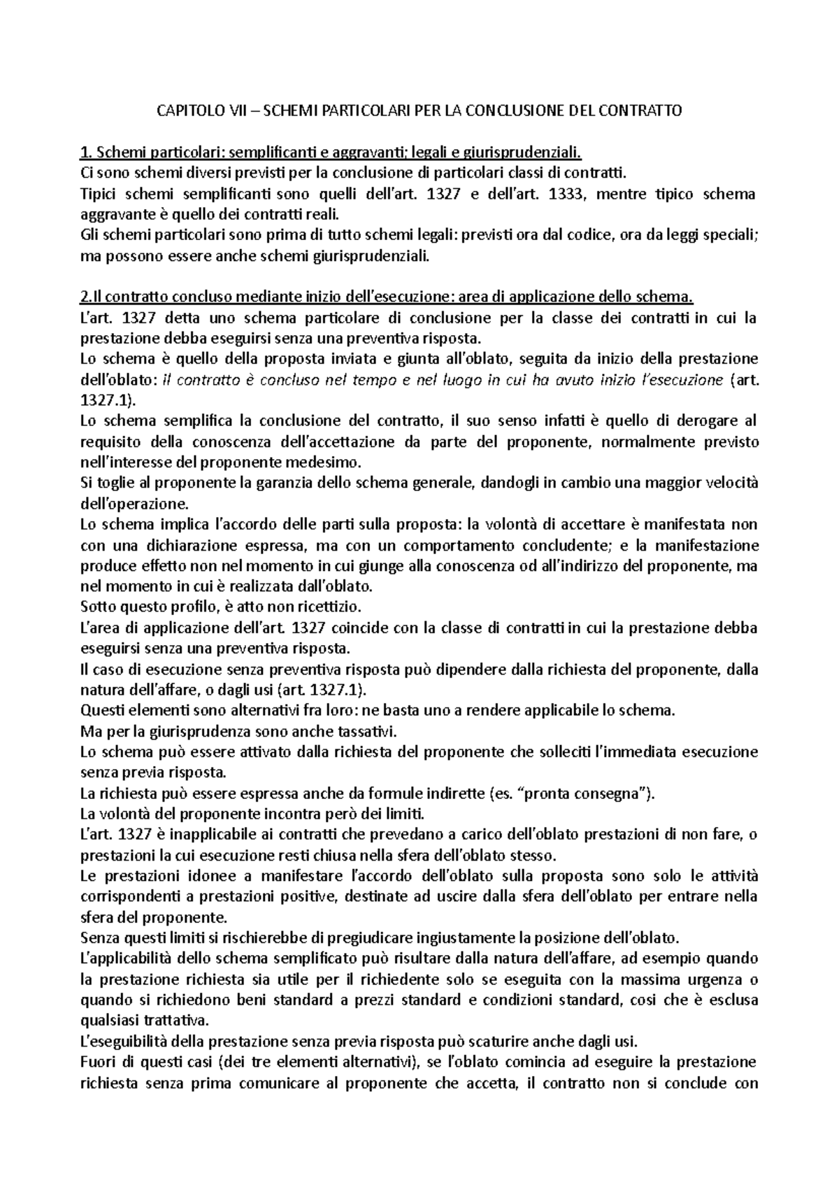 Roppo - Riassunto Il contratto - CAPITOLO VII SCHEMI PARTICOLARI PER LA ...