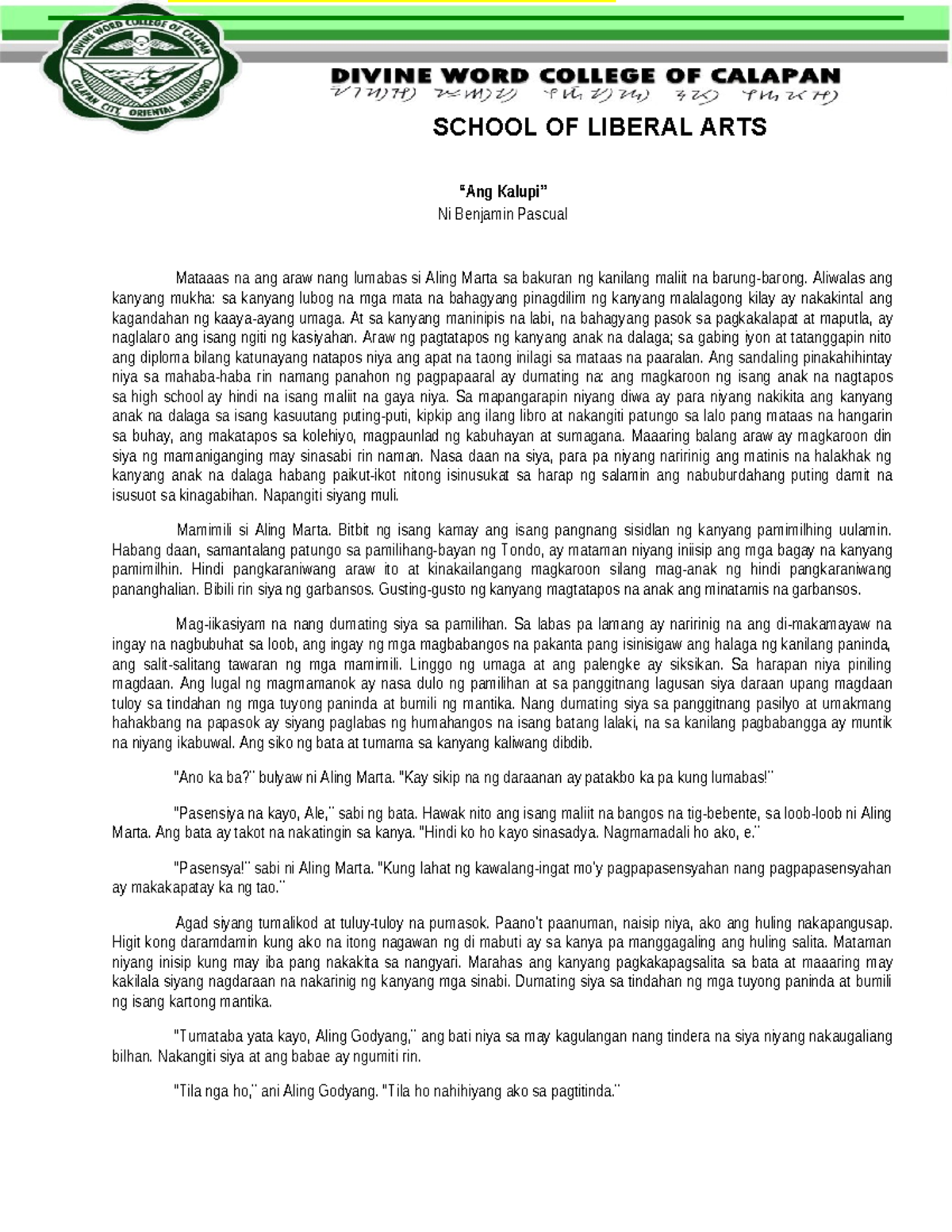 ANG Kalupi - Pagsusuri ng maikling kwento - SCHOOL OF LIBERAL ARTS “Ang ...