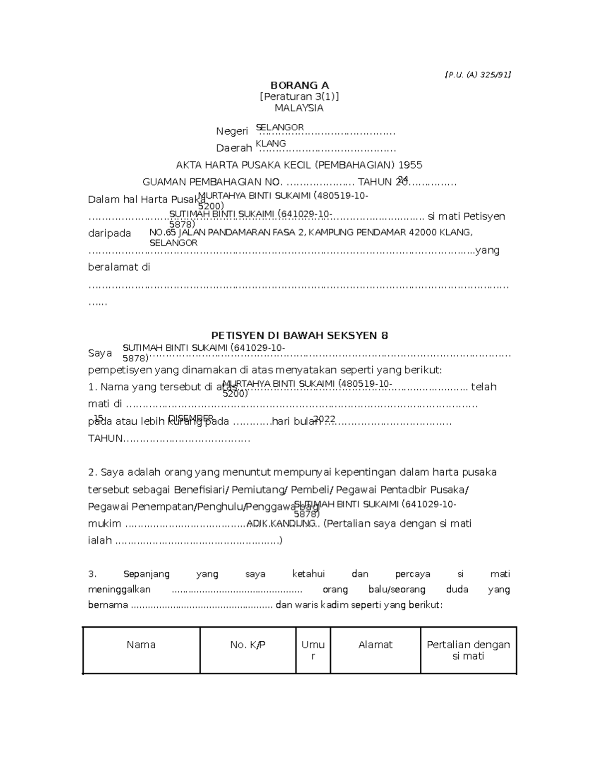 Borang A Permohonan Awal (Seksyen 8)1 - [P. (A) 325/91] BORANG A [Peraturan 3(1)] MALAYSIA ...