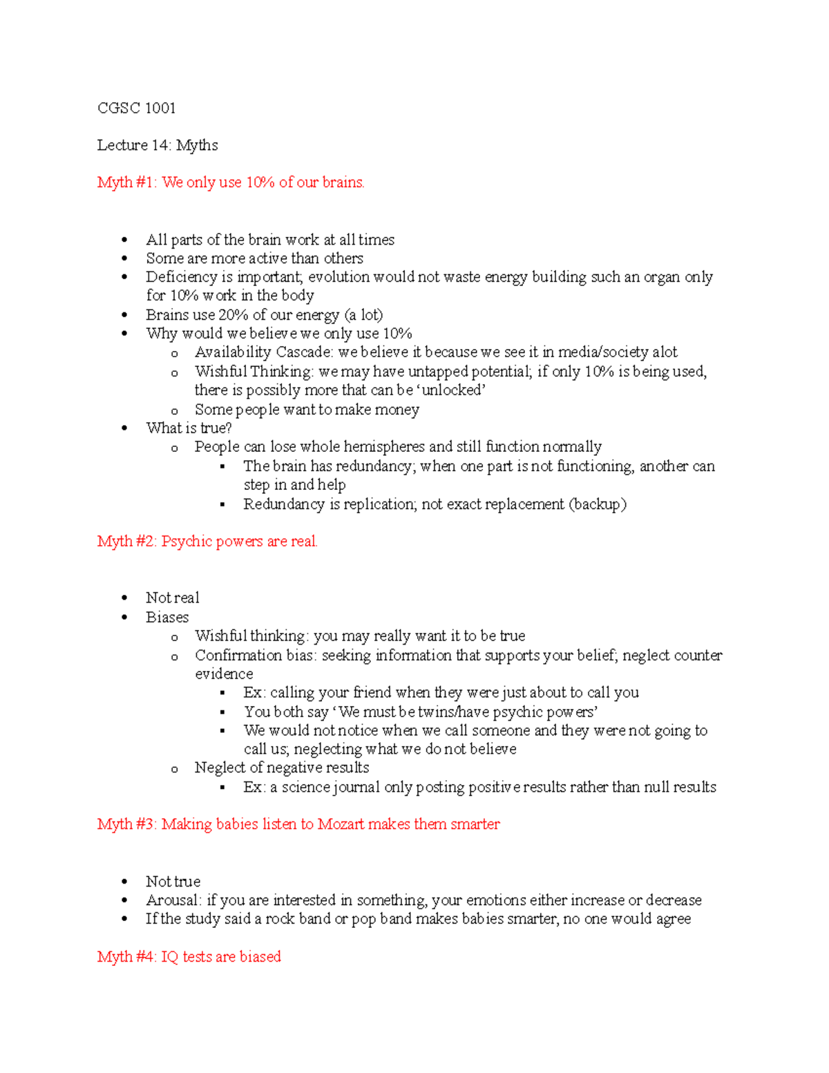 Cgsc 1001 Lecture 14 Notes Cgsc 1001 Lecture 14 Myths Myth 1 We Only Use 10 Of Our Brains