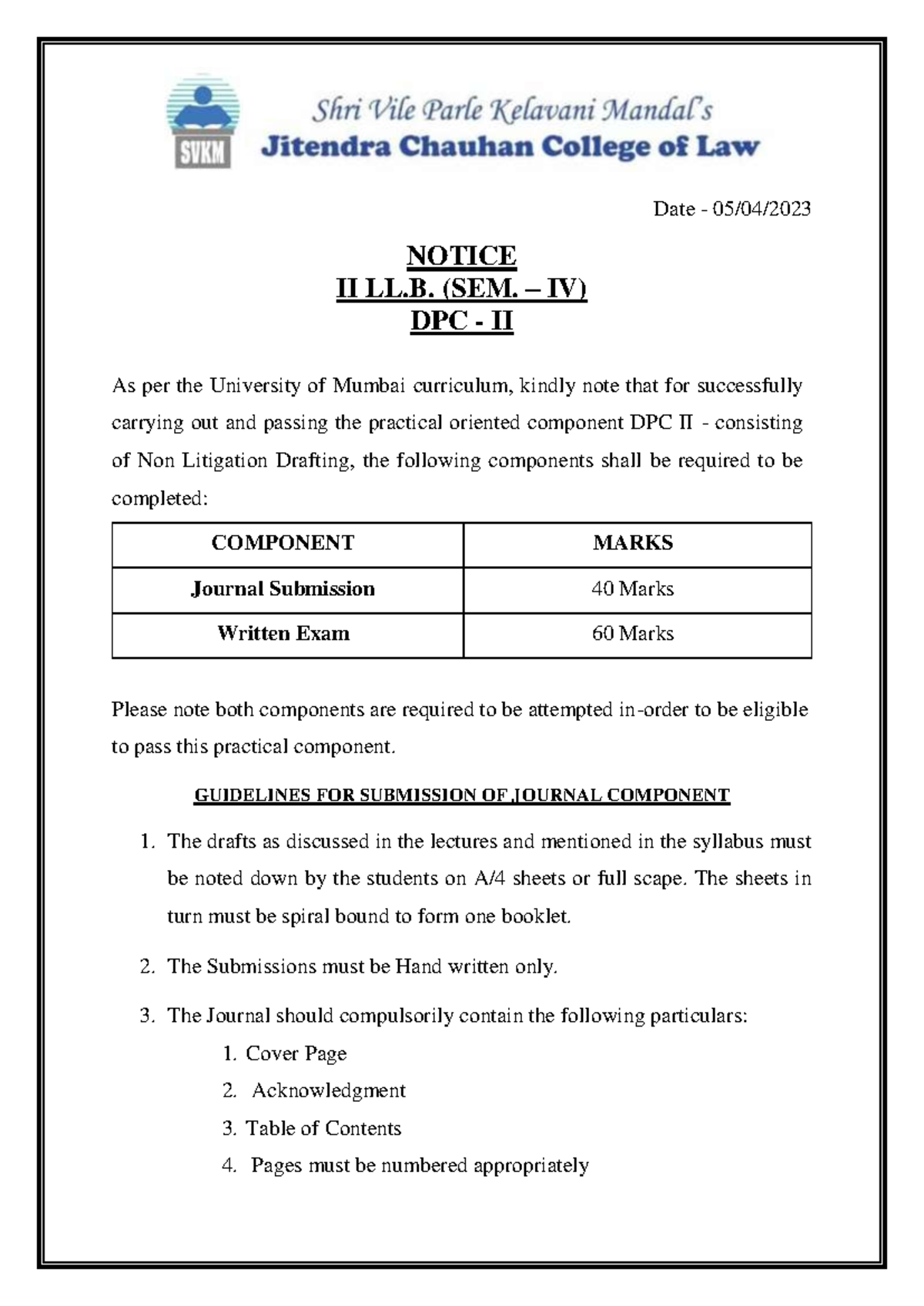 CDoc DPC II Notice SEM IV - Date - 05 / 0 4/ NOTICE II LL. (SEM. – IV ...