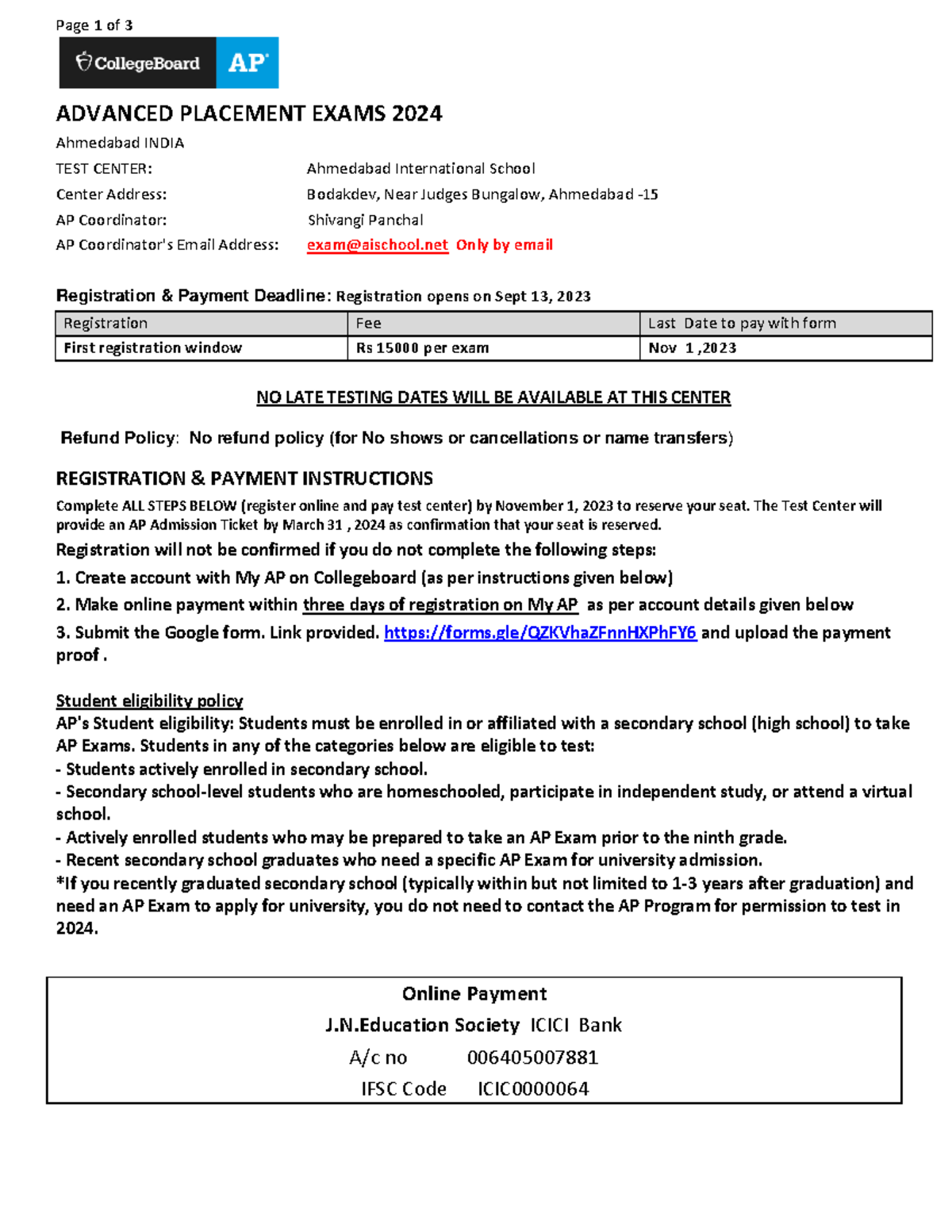 AP student registration form 2024 - Page 1 of 3 ADVANCED PLACEMENT ...