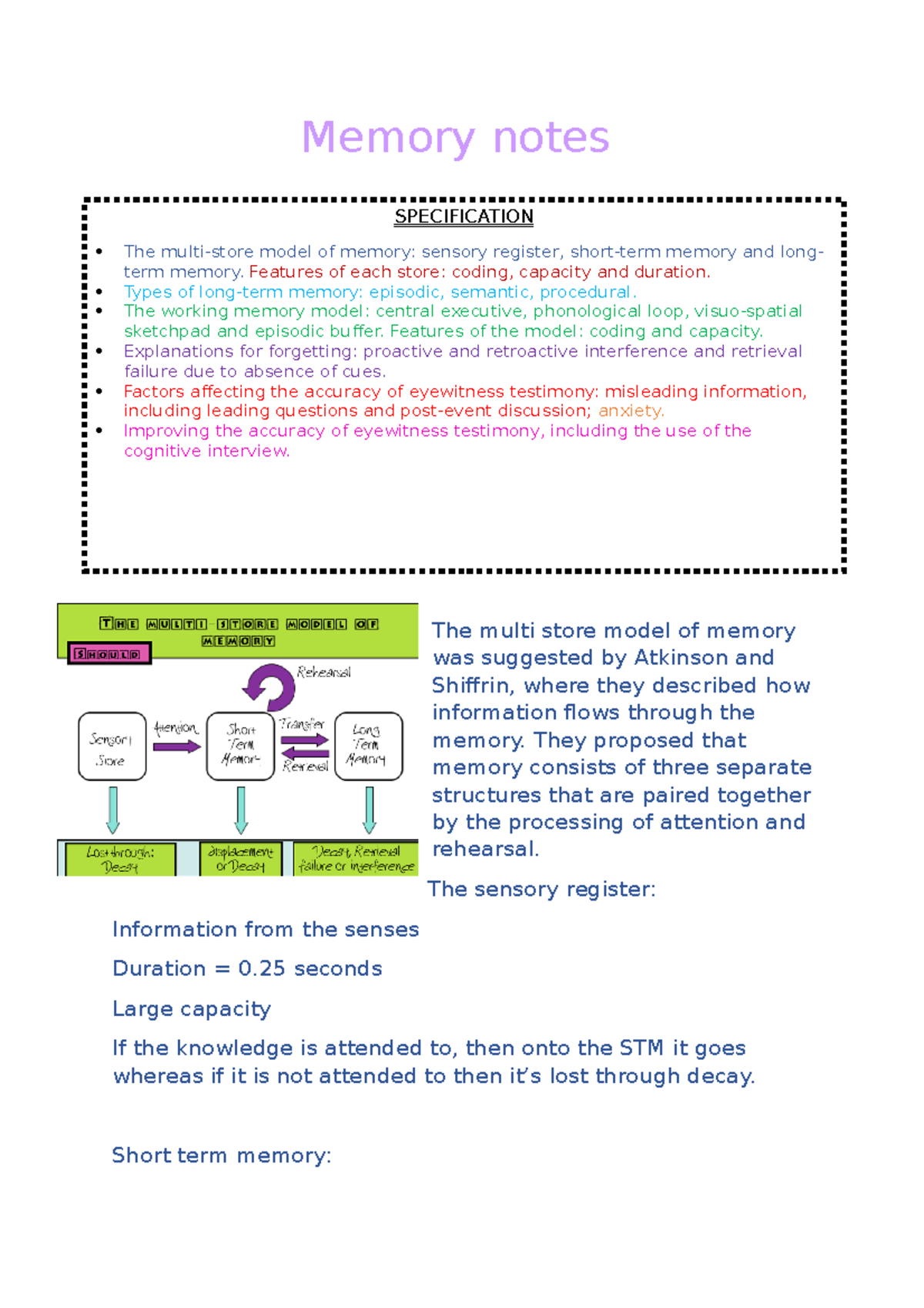 Aqa Psychology Memory Notes Memory Notes The Multi Store Model Of