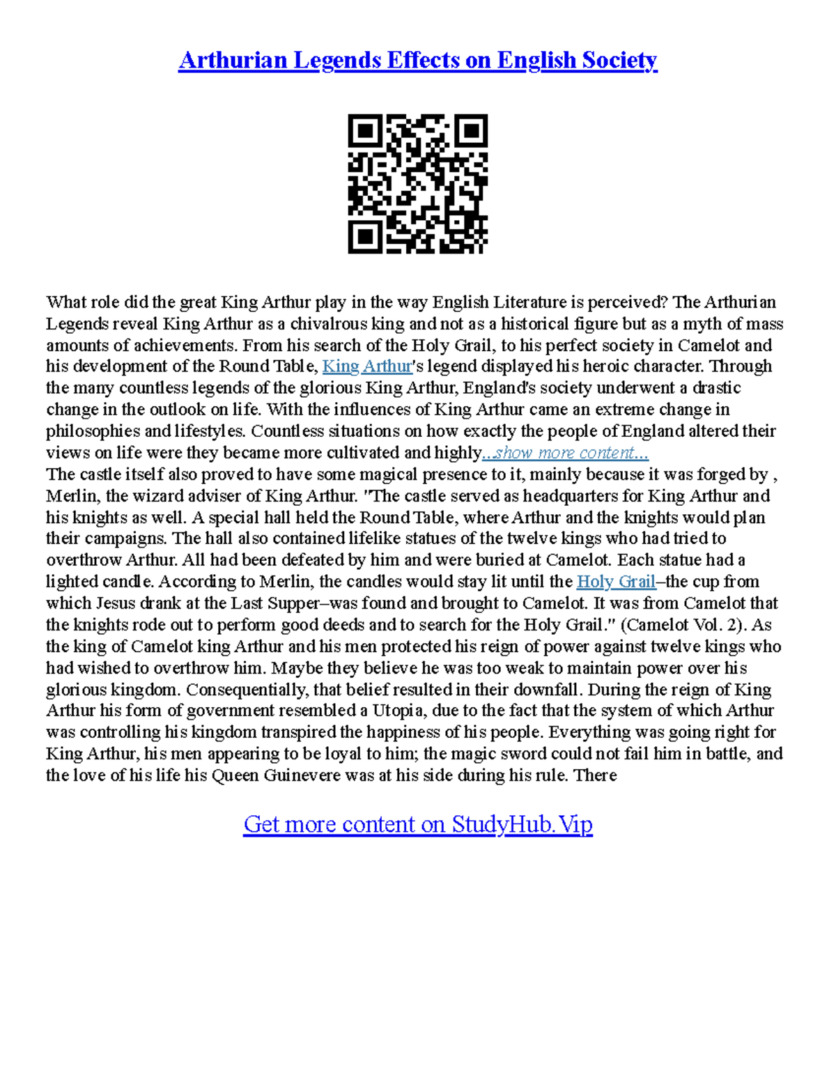 King Arthur Essay - Arthurian Legends Effects on English Society What ...