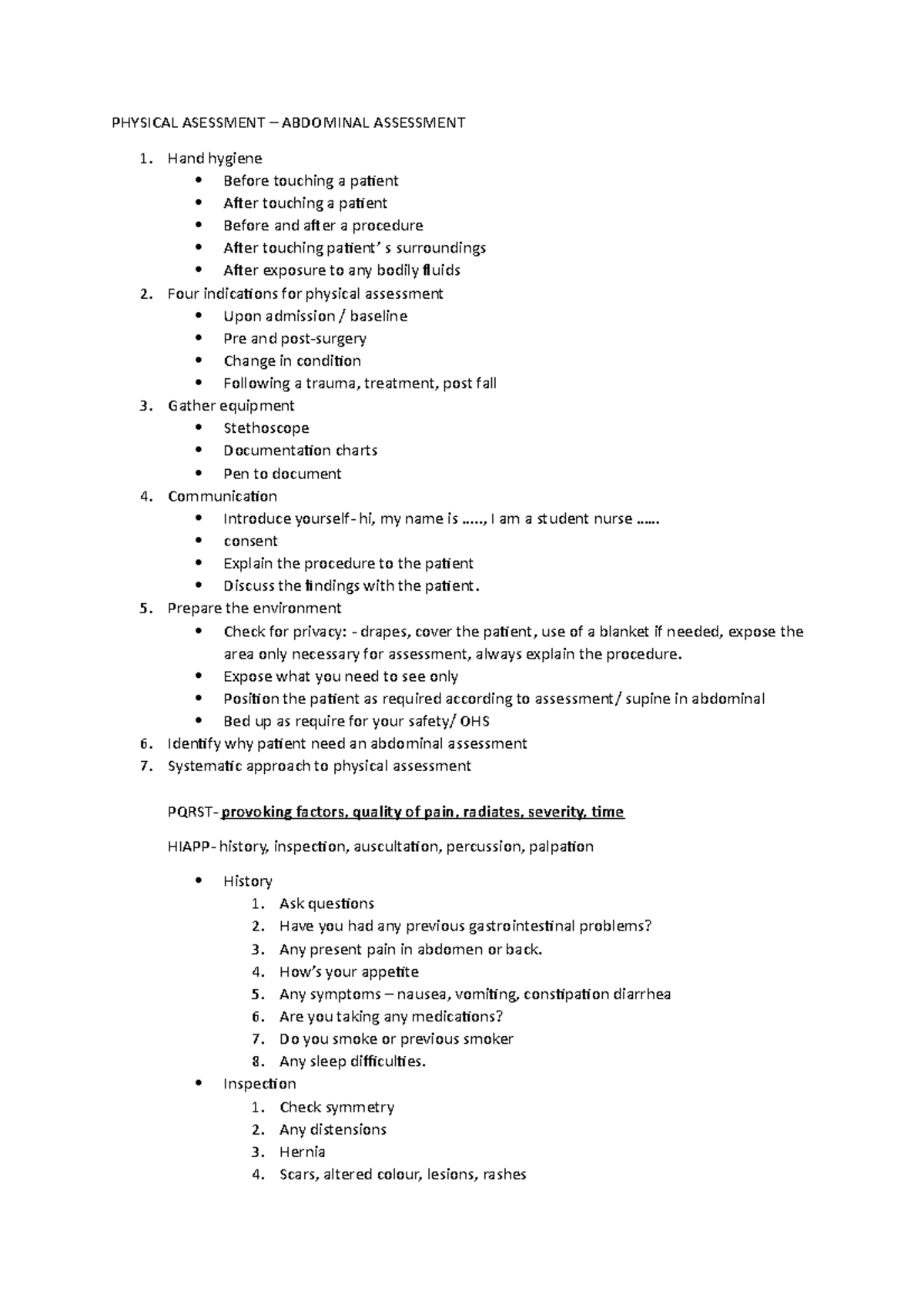 Abdominal Assessment Osce PHYSICAL ASESSMENT ABDOMINAL ASSESSMENT 1