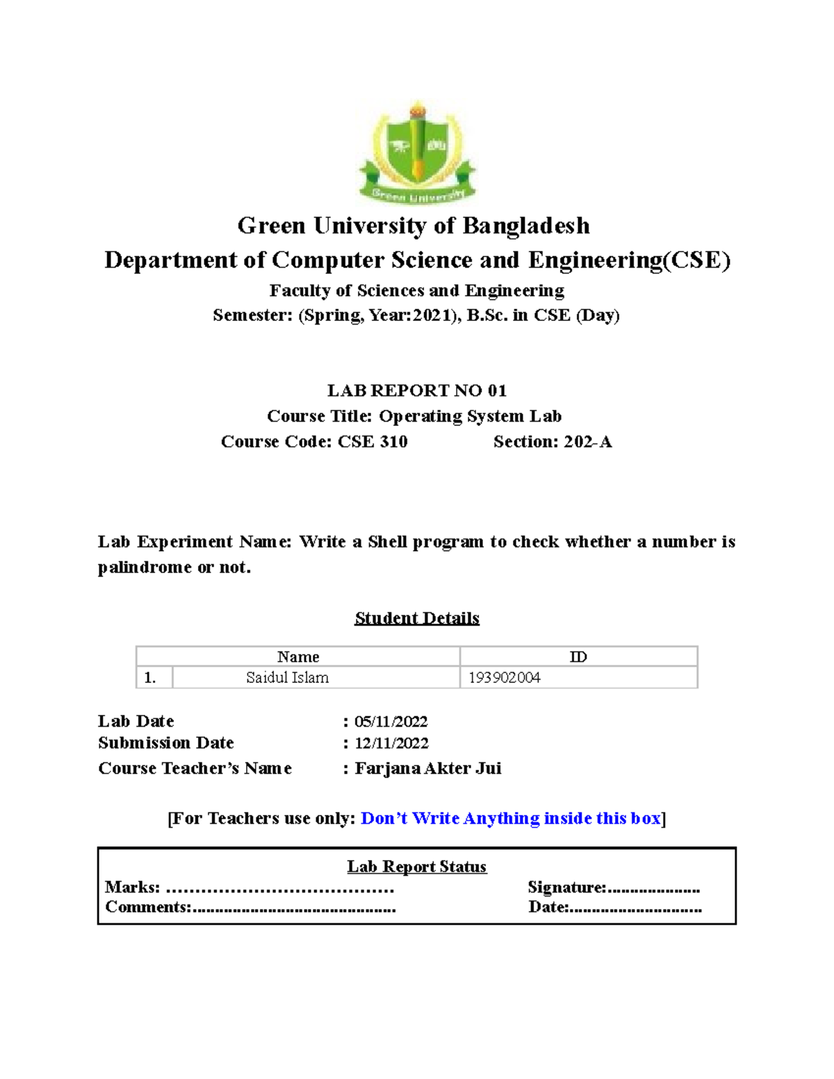 Lab Report 01 - Green University of Bangladesh Department of Computer ...