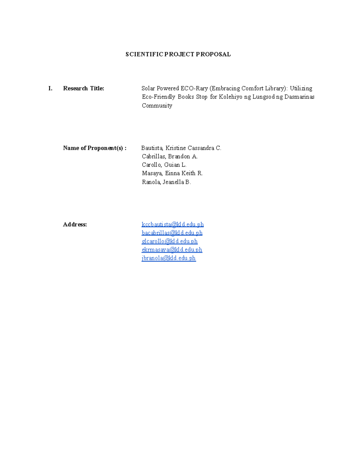 Project Proposal - Purpossive Communication - SCIENTIFIC PROJECT ...