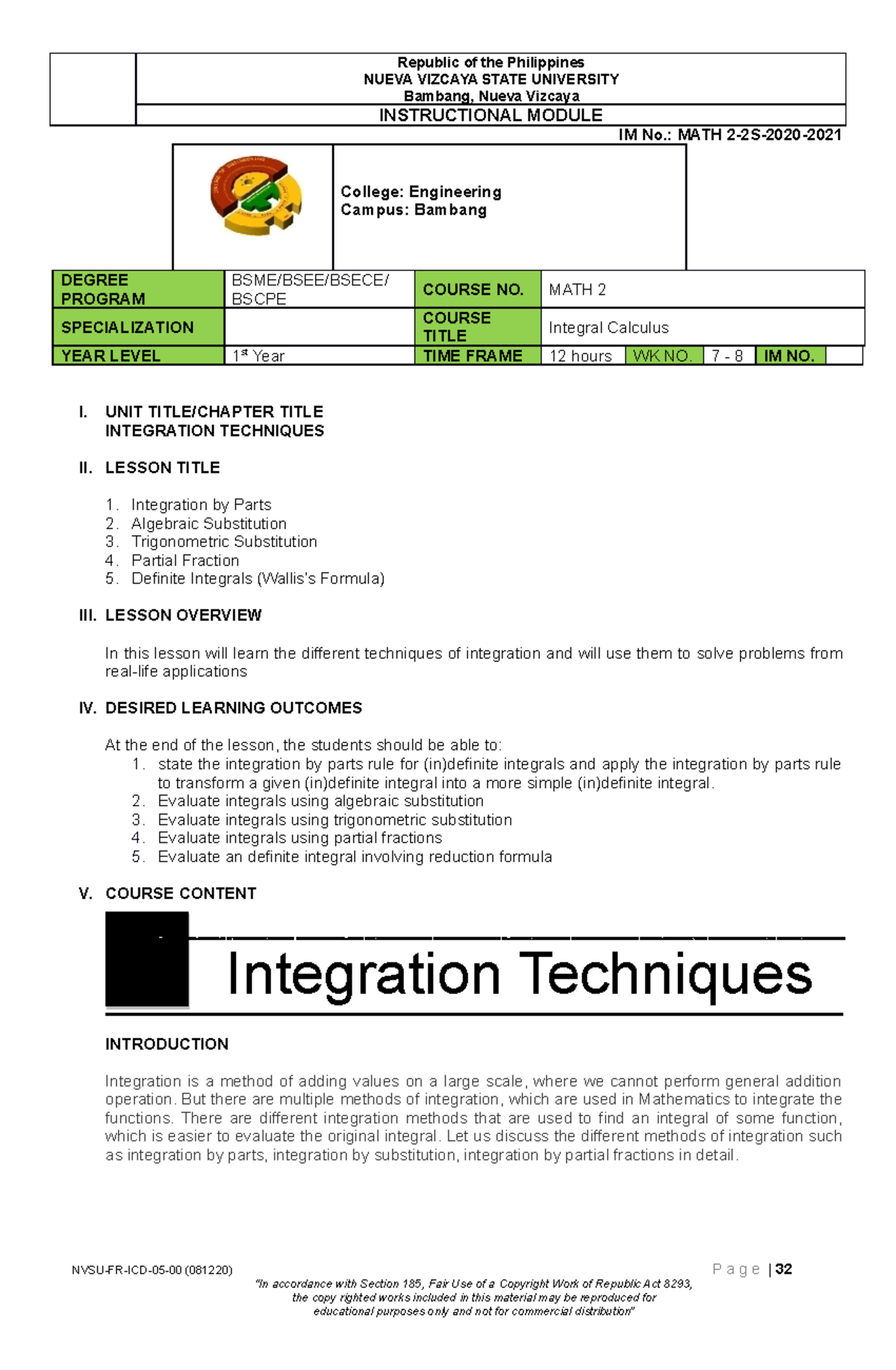 Integral Module Final Part 2 - NUEVA VIZCAYA STATE UNIVERSITY Bambang ...
