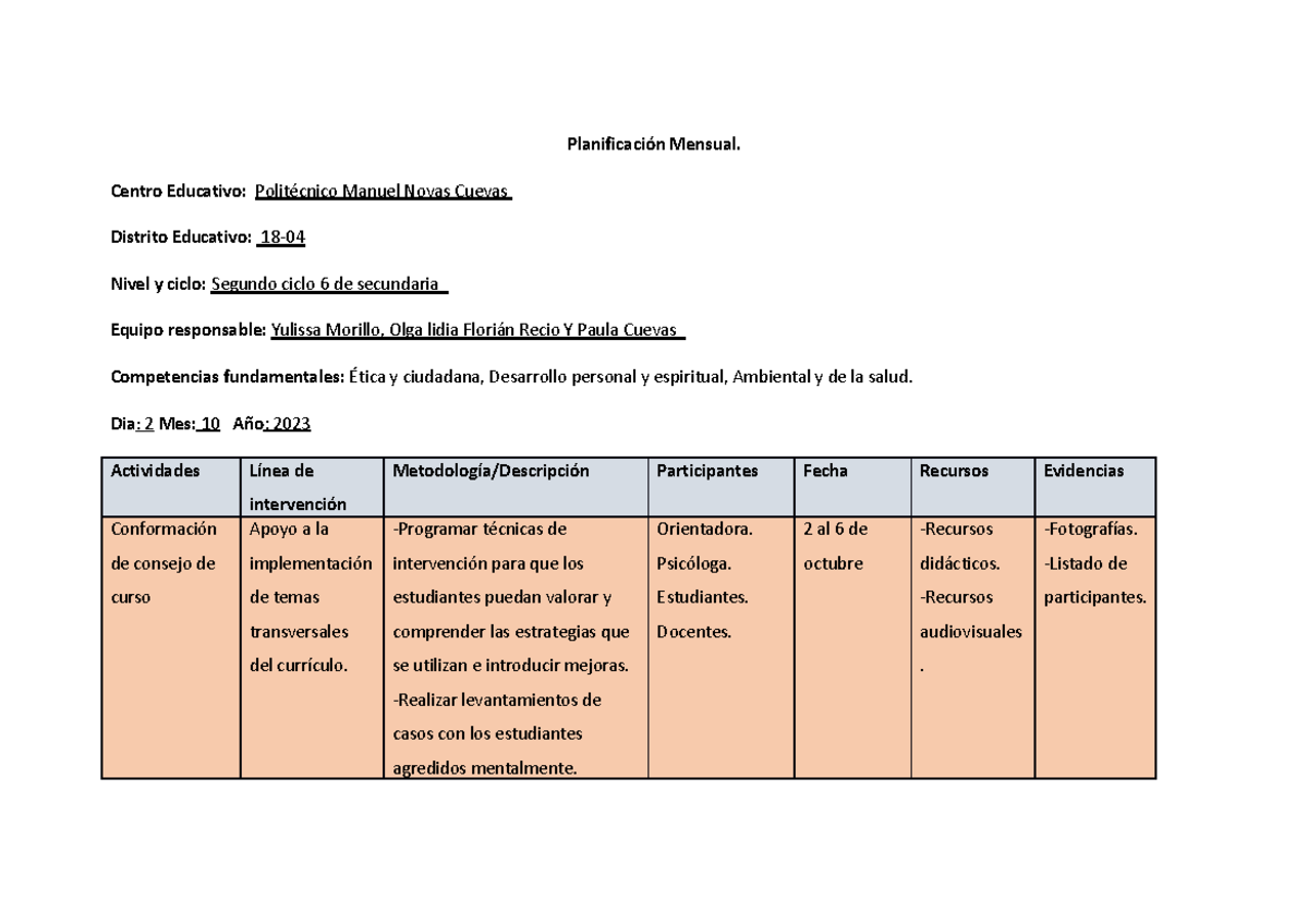 Planificaciones - planificsacion - Planificación Mensual. Centro ...