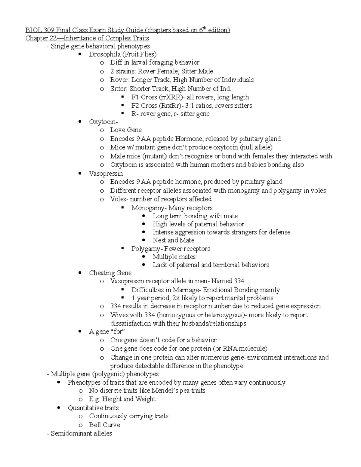 Final Exam Study Guide - BIOL 309 Final Class Exam Study Guide ...