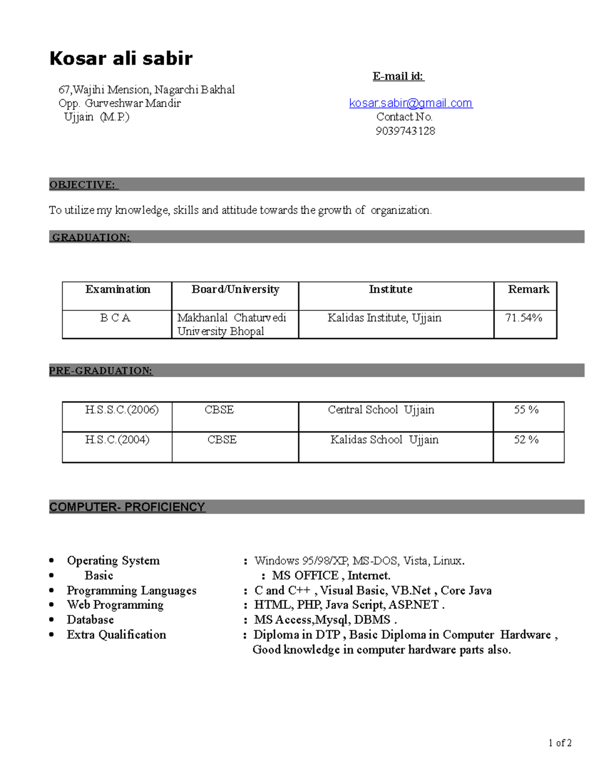 Professional Resume Formats (162) - Kosar ali sabir E-mail id: 67 ...