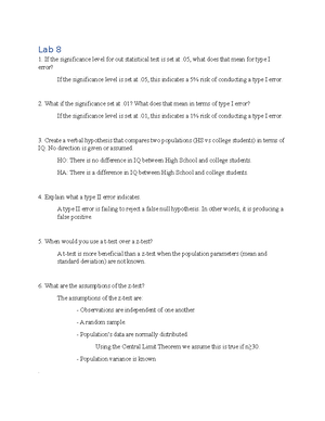 Lab 1 Statistics - LAB 1 Identify the following as nominal level ...