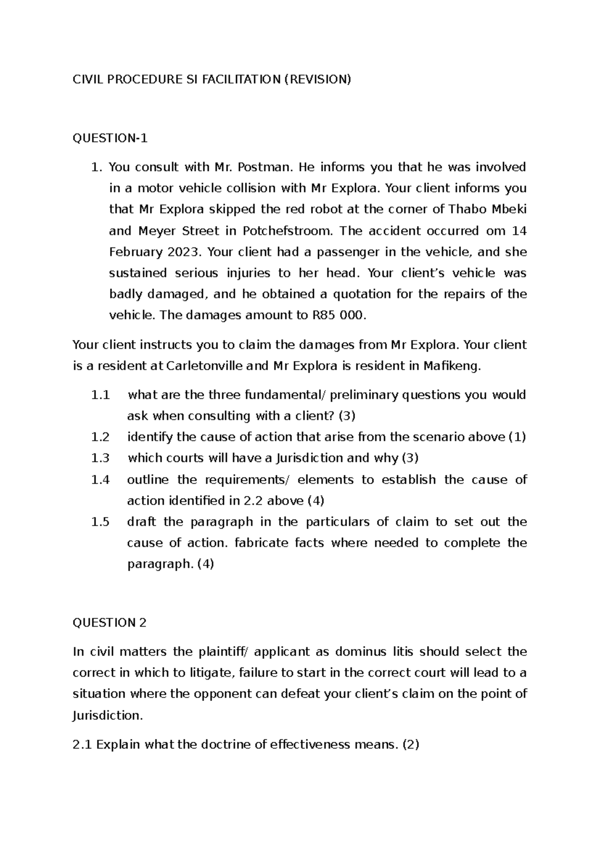 Civil Procedure TEST 1 Revison 5 - CIVIL PROCEDURE SI FACILITATION ...