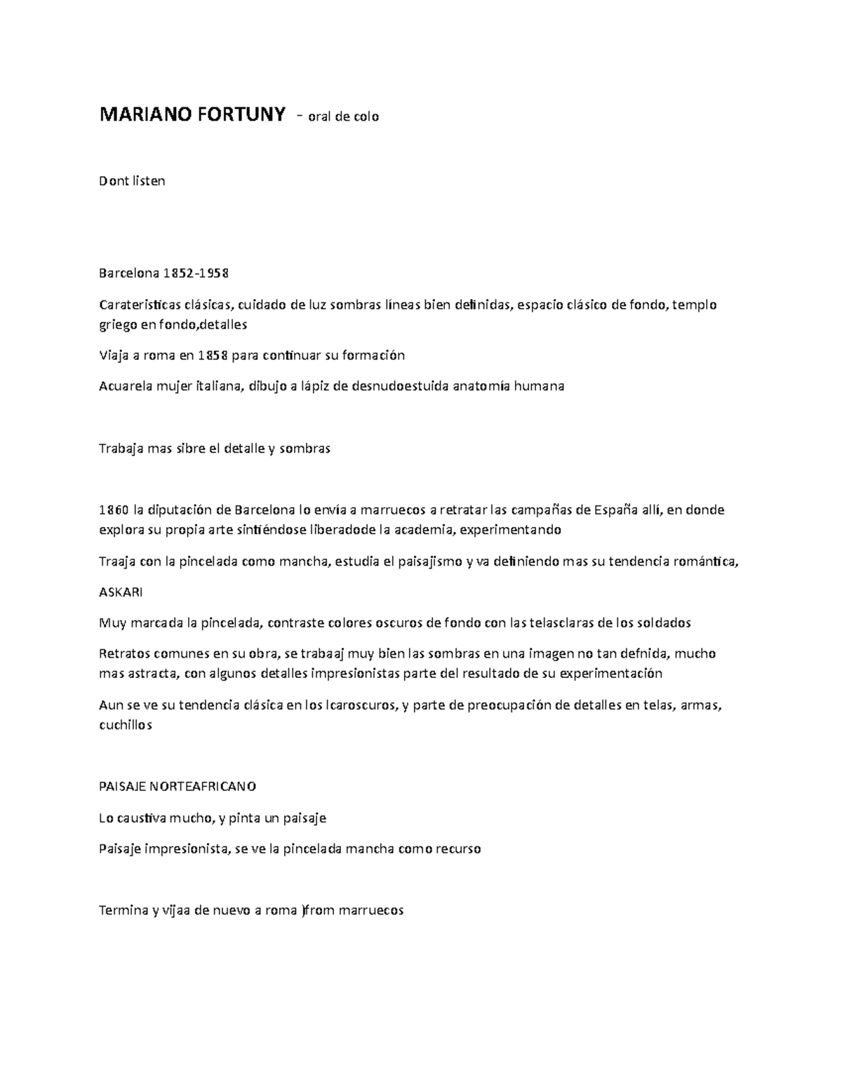 Apuntes de clase de orales presentados - MARIANO FORTUNY - oral de colo ...