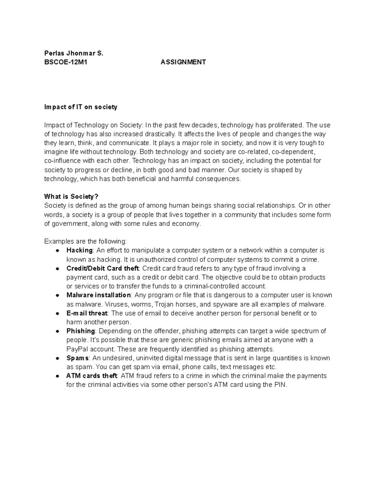 Assignnment in It era - assingments - Perlas Jhonmar S. BSCOE-12M1 ...