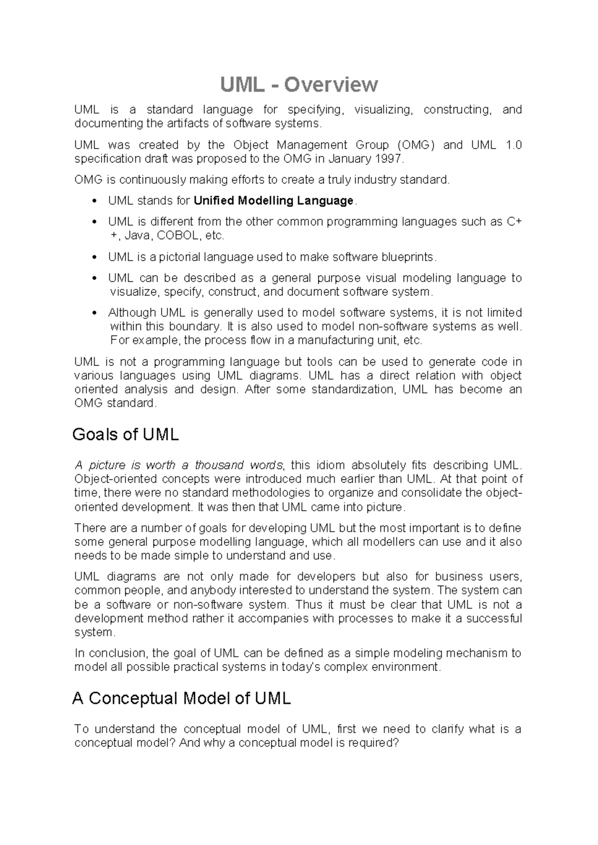 Uml Uml Was Created By The Object Management Group Omg And Uml 1 Specification Draft Was