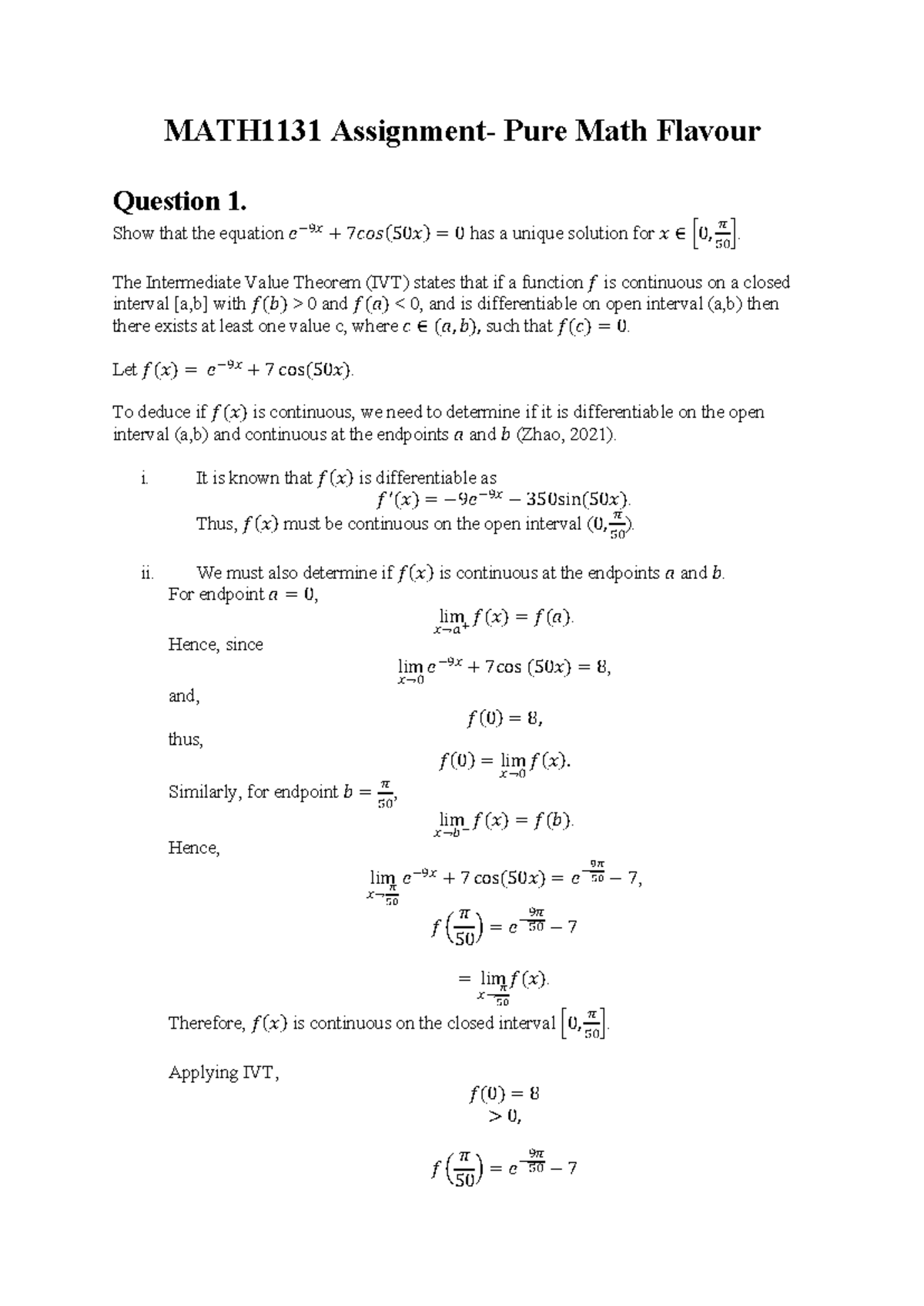 MATH1131- Assignment - MATH1131 Assignment- Pure Math Flavour Question 1. Show that the equation ...