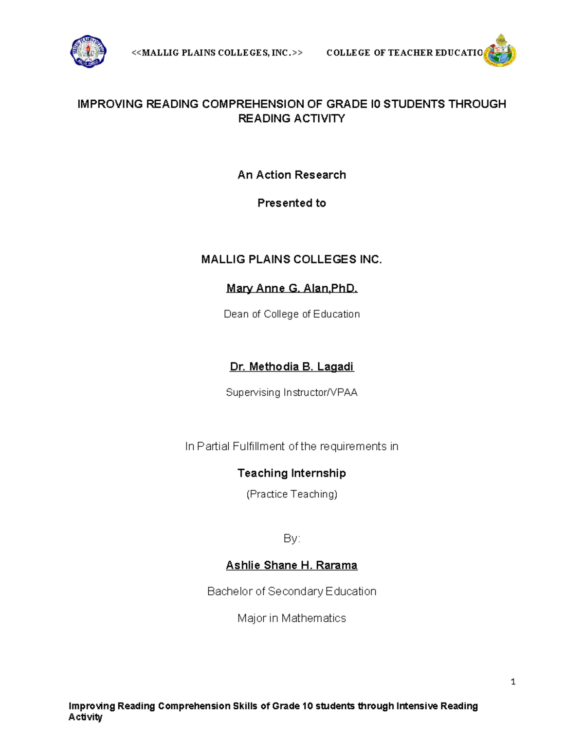 My-action-research - none - IMPROVING READING COMPREHENSION OF GRADE I0 ...