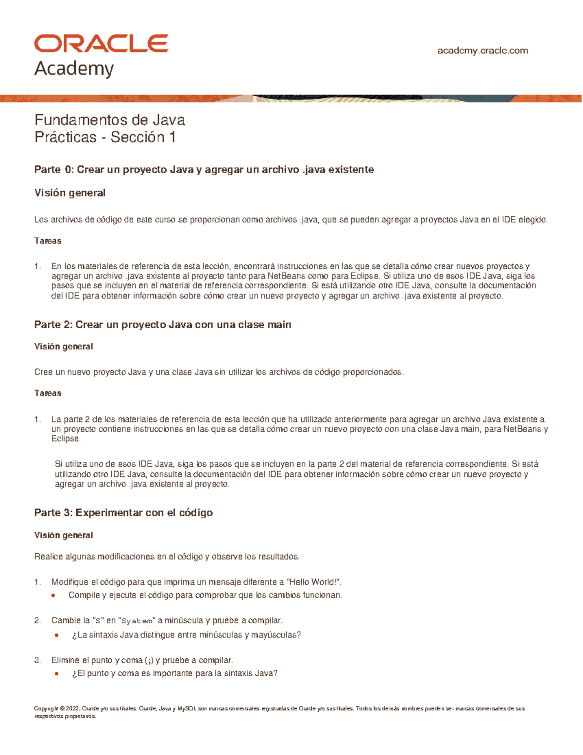 JFo 1 Practice esp - practica java - Copyright © 2022, Oracle y/o sus ...