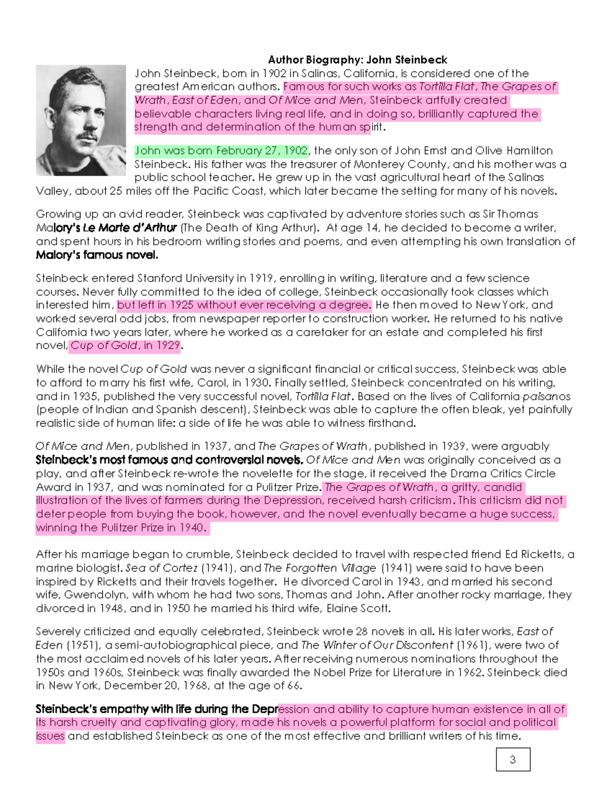 Author Biography John Steinbeck - Famous for such works as Tortilla ...