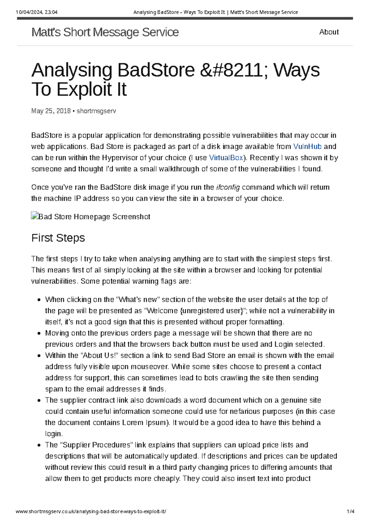 Analysing Bad Store – Ways To Exploit It Matt’s Short Message Service - Analysing BadStore - Studocu
