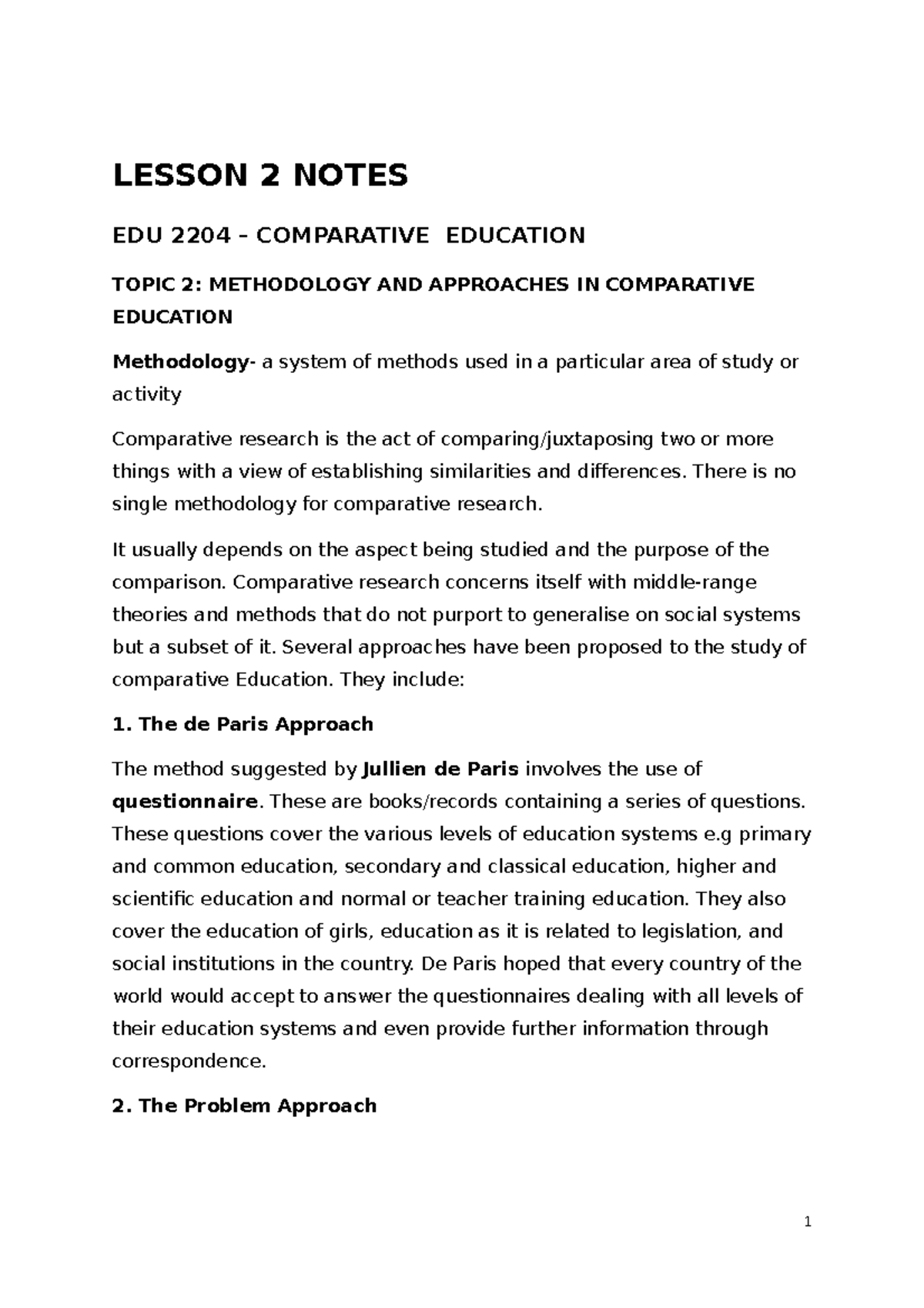 Lesson TWO- Methodologies IN Comparative Education - LESSON 2 NOTES EDU ...
