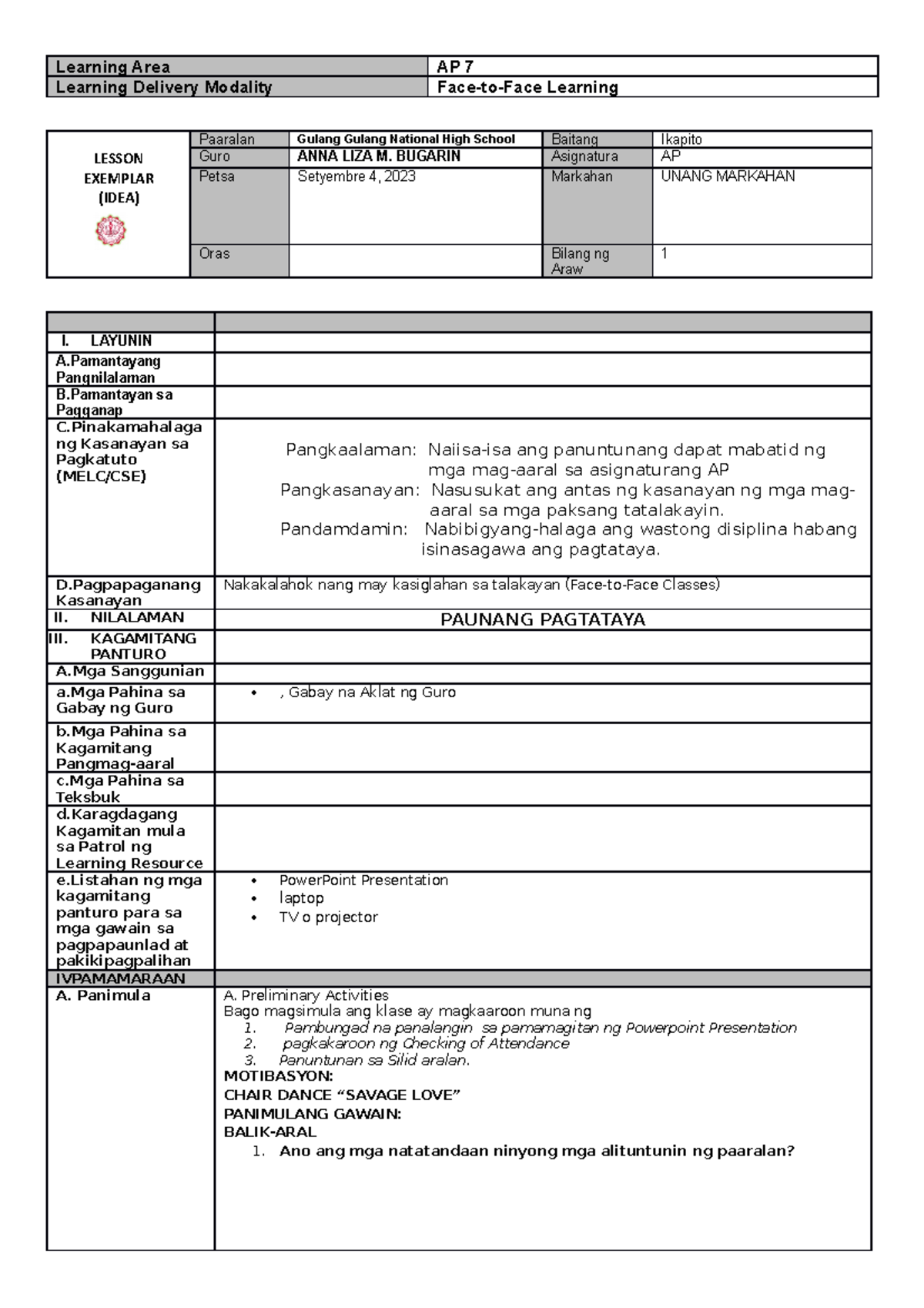 DLP-SEpt - HGP - Learning Area AP 7 Learning Delivery Modality Face-to ...