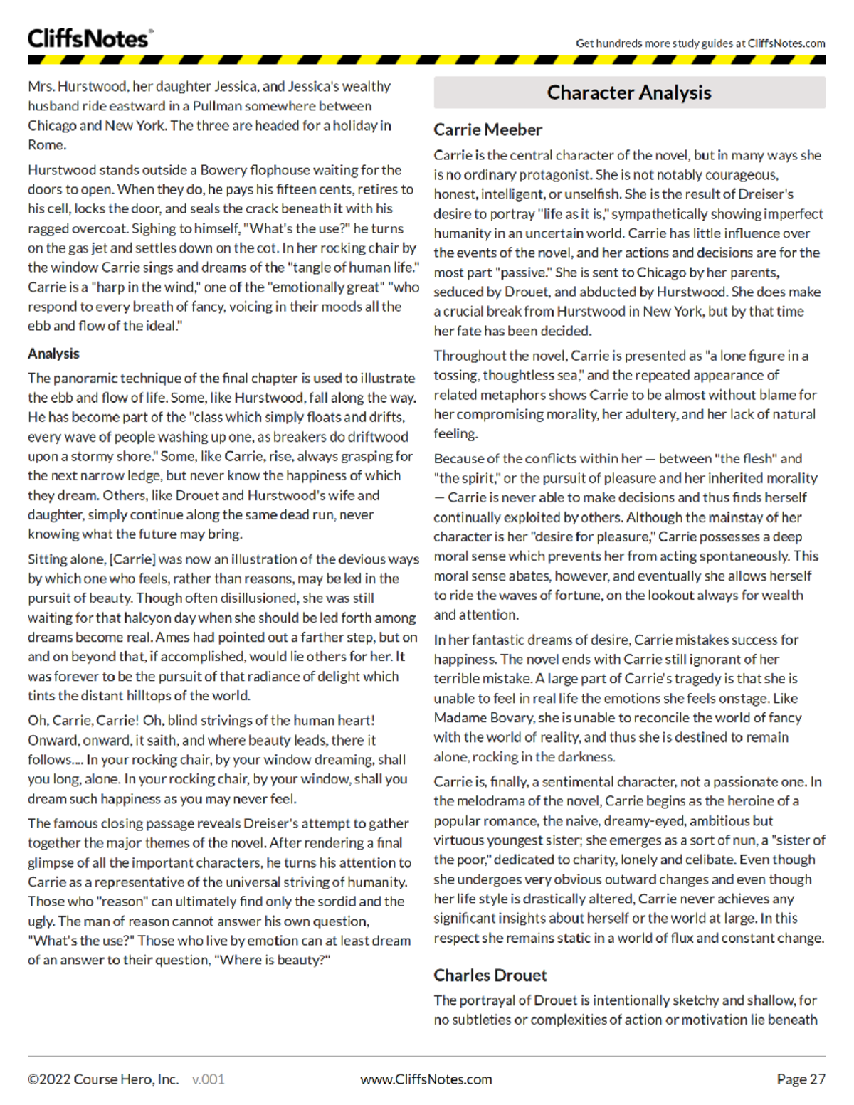 Cliffs Notes on Sister Carrie 27 - Biology 101 - Studocu