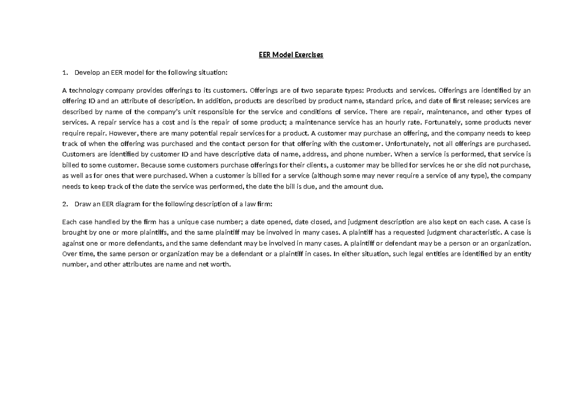 EER Model Exercises - EER Model Exercises Develop an EER model for the ...
