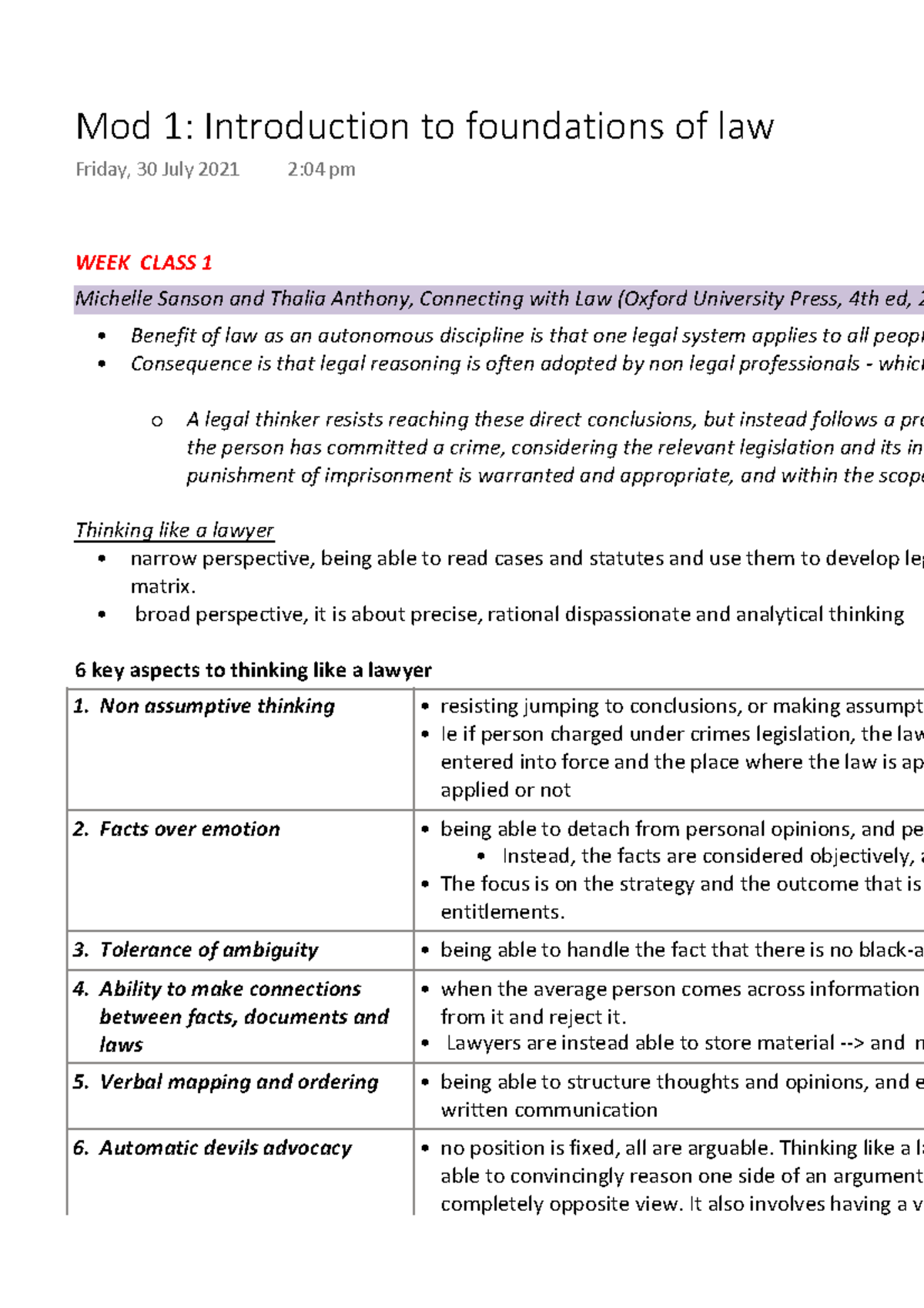 Mod 1 Introduction to foundations of law - WEEK CLASS 1 Michelle Sanson ...