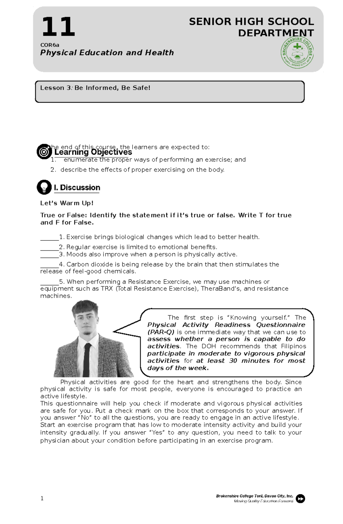 P.E 11 Module 3 - Lecture notes 1 - At the end of this course, the ...