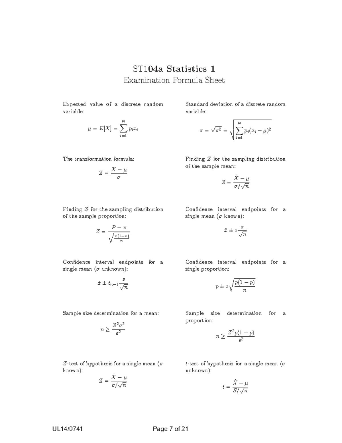L00 Formula&Stats Tables - ST104a Statistics 1 Examination Formula ...