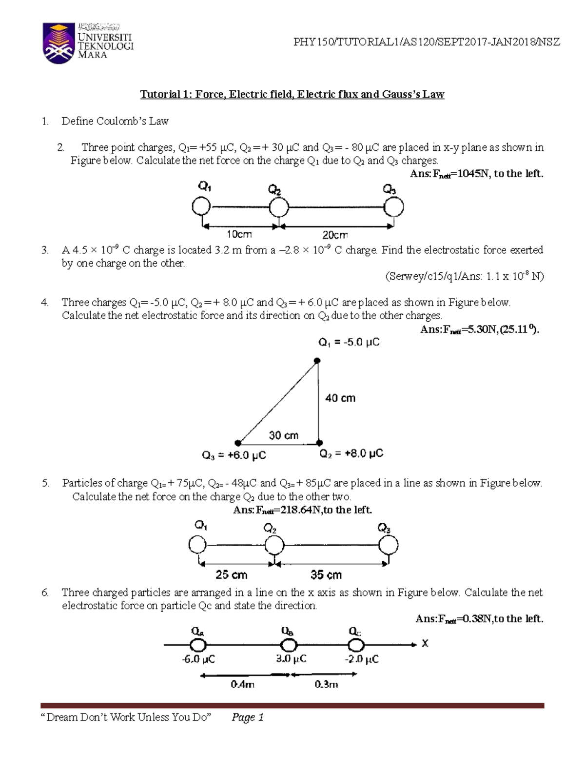 PHY150- Tutorial 1 - TUTO - Tutorial 1: Force, Electric field, Electric ...