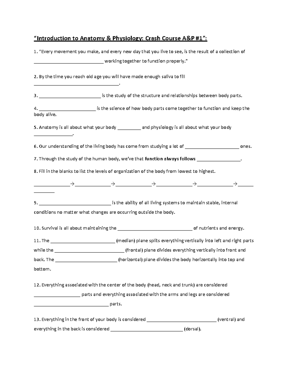 Introduction AP Crash Course 1 Handout - “Introduction to Anatomy ...