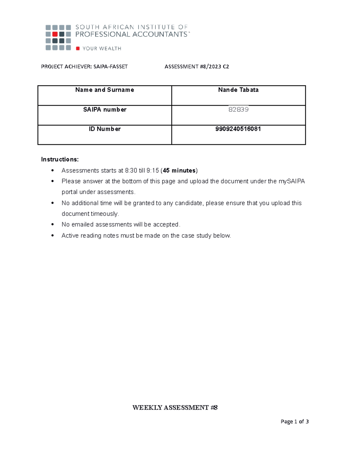 Weekly assessment (PPE) - PROJECT ACHIEVER: SAIPA-FASSET ASSESSMENT #8/ ...