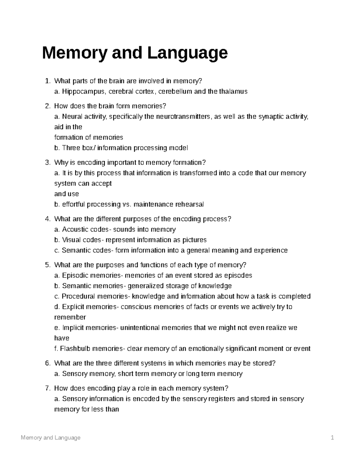 Memory and Language - In class notes - Memory and Language What parts ...