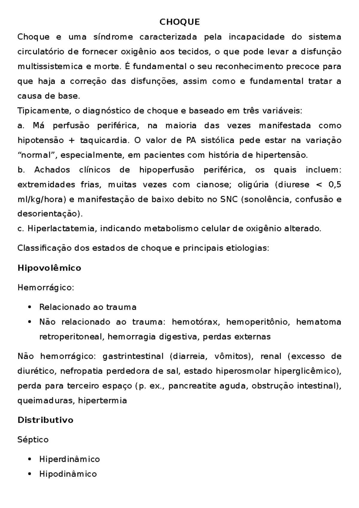 Choque - CHOQUE Choque e uma síndrome caracterizada pela incapacidade ...