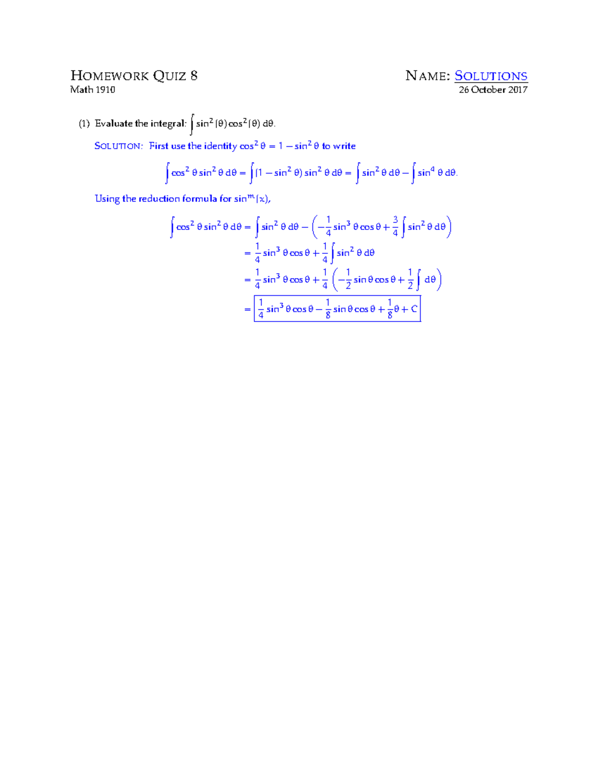 18su 1910 handout 12 solutions - HOMEWORK QUIZ 8 NAME: SOLUTIONS Math ...