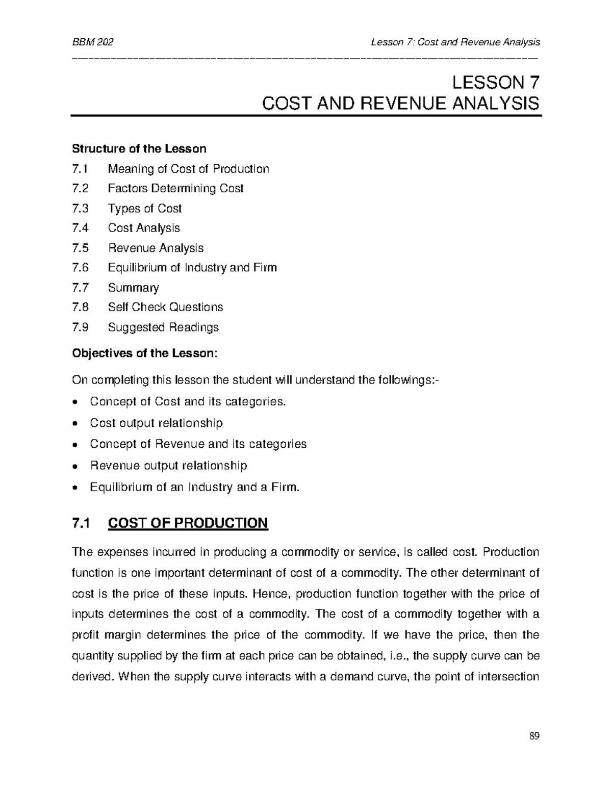 L 7 - LESSON 7 COST AND REVENUE ANALYSIS - LESSON 7 COST AND REVENUE ...