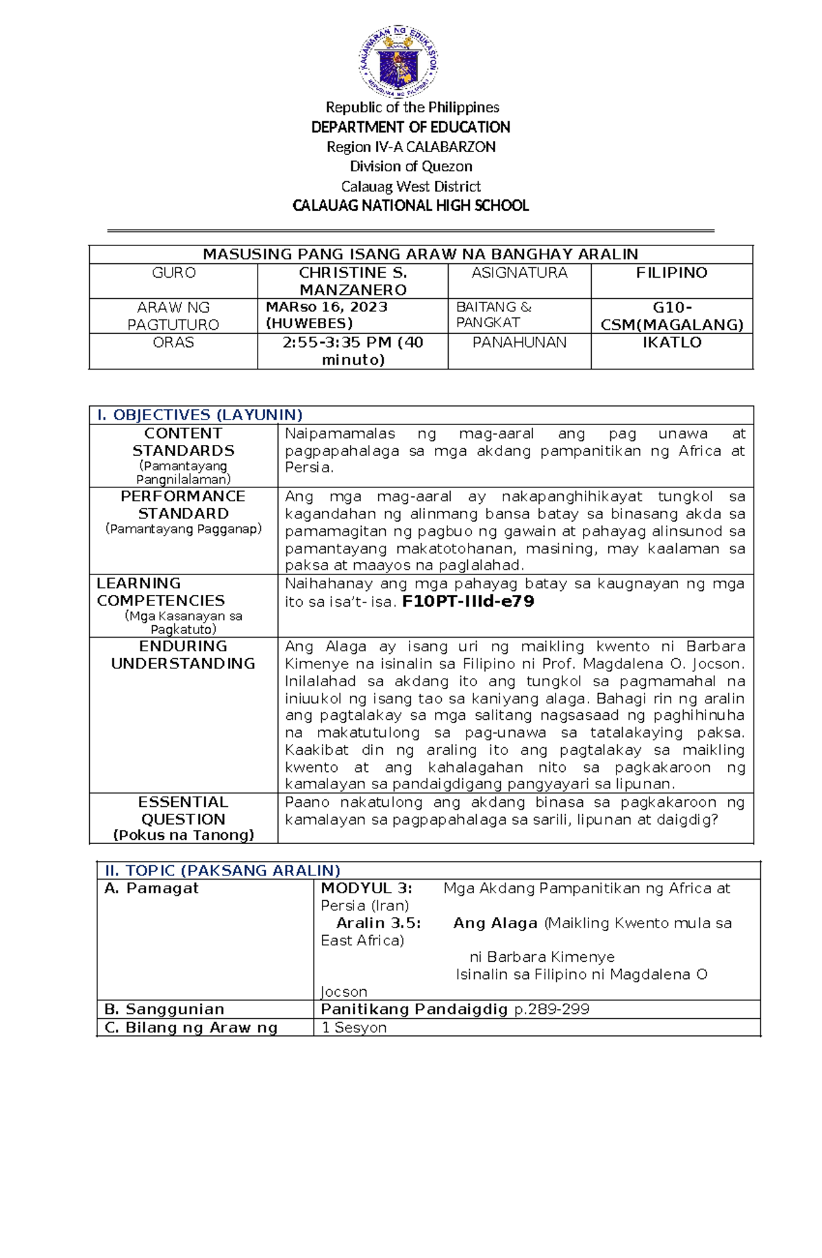 LP ANG Alaga - Republic of the Philippines DEPARTMENT OF EDUCATION ...