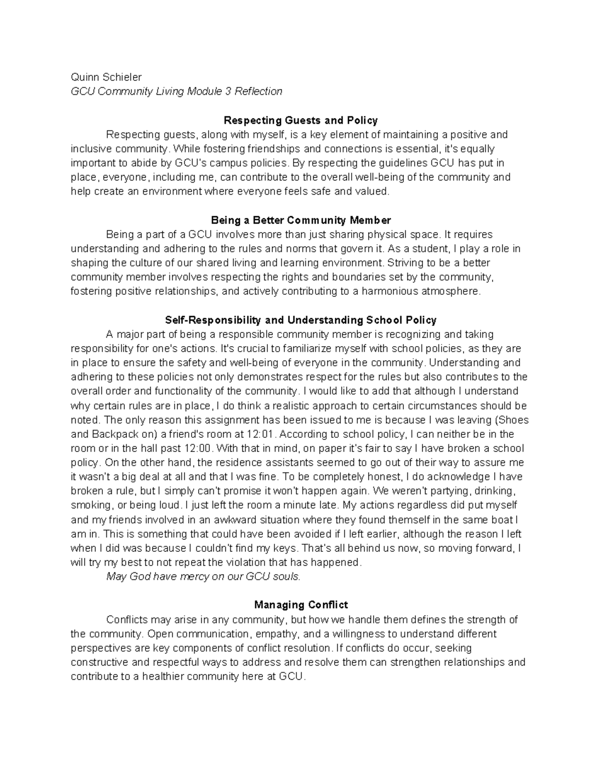 GCU 500 Word - Conduct Paper - Quinn Schieler GCU Community Living ...