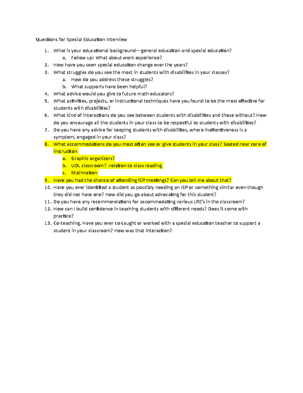 Questions for Special Education Interview - Follow up: What about work ...